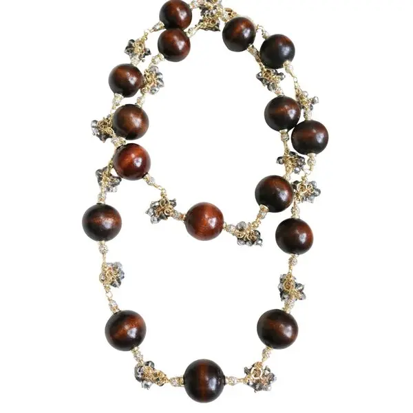 TAYLOR REESE Gold / Grey / Brown Wood + Crystal Long Beaded Necklace - Gold/grey/brown
