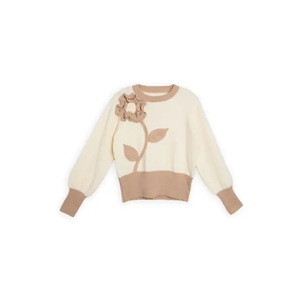 Saachi Ruffled Bloom Pullover Ivory Sweater - White