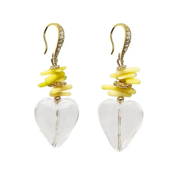 FARRA White Quartz Heart And Bamboo Coral Earrings - Yellow
