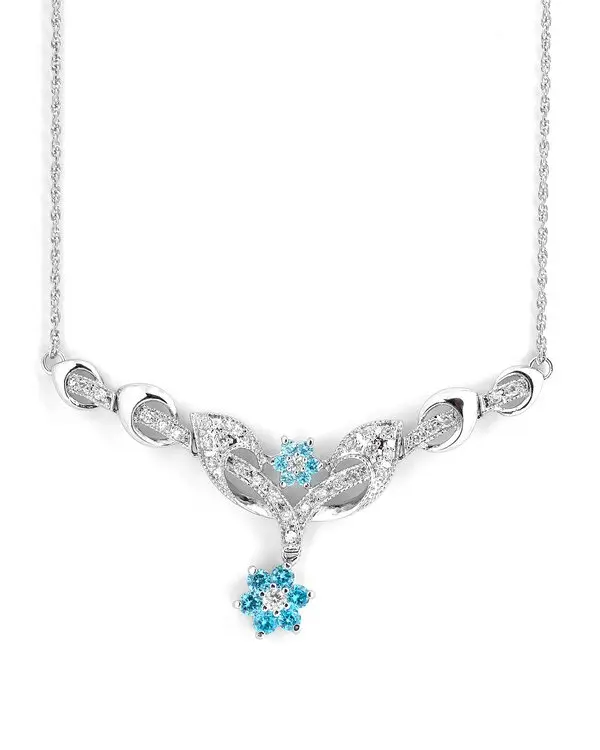 GENEVIVE Blue / White / Silver Cubic Zirconia Sterling Silver White Gold Plated Blue Topaz Flower Necklace - Blue/white/silver