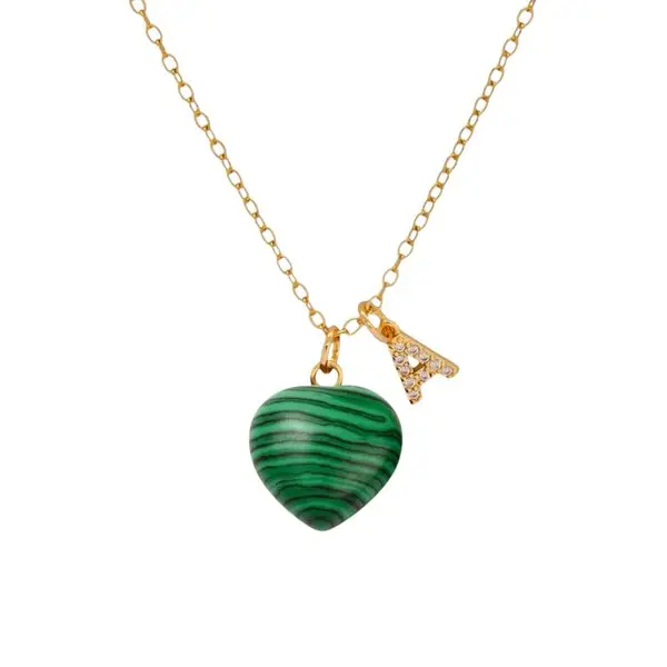 VALERIE CHIC Gold / Green Initial Letter Malachite Heart Necklace - Gold/green