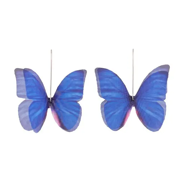 Oana Savu Silver / Blue Blue Silk Butterfly Earrings Fairy Wings Goddess Dangle Ear Wires - Silver/blue
