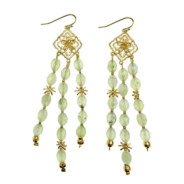 FARRA Bohemian Flower Frame With Prehnite Beaded Tassel Earrings - Green