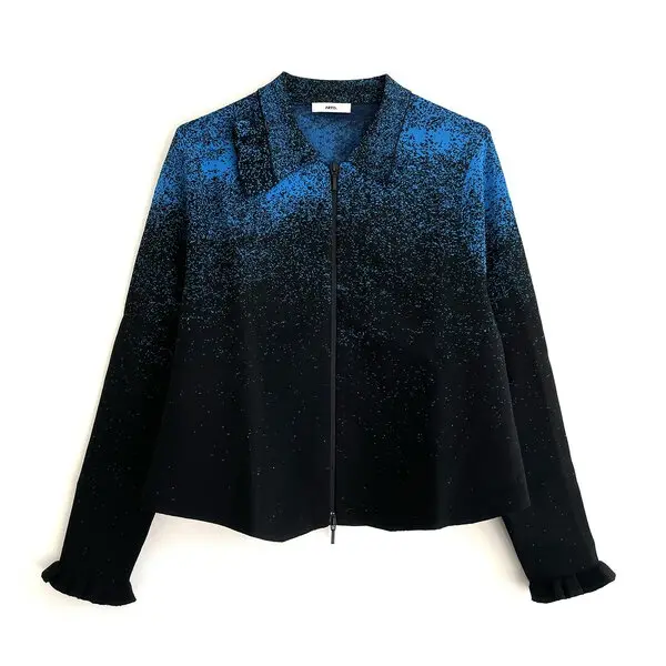 ARTO. Blue / Black Knitted Ruffles Flared Polo Top Jacket - Blue/black
