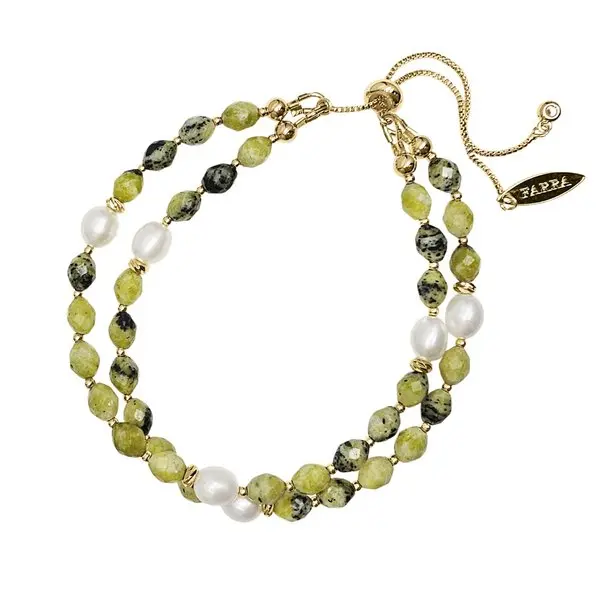 FARRA Gemstone With White Pearls Double Layers Slider Bracelet - Green