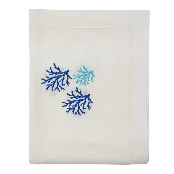 KM HOME COLLECTION Coralli Turquoise Coral Embroidery Linen Tablecloth - Blue/orange