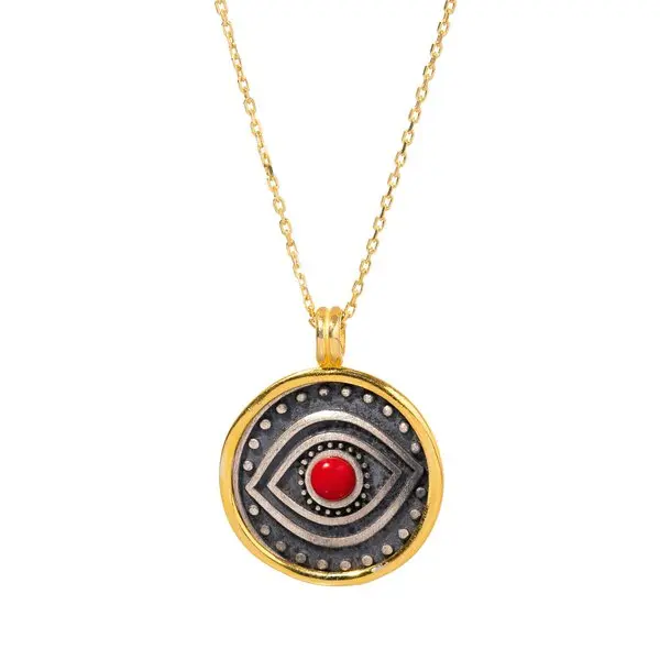 EBRU JEWELRY Silver / Gold / Red Red Coral & Sterling Silver Evil Eye Pendant Gold Necklace Red - Silver/gold/red