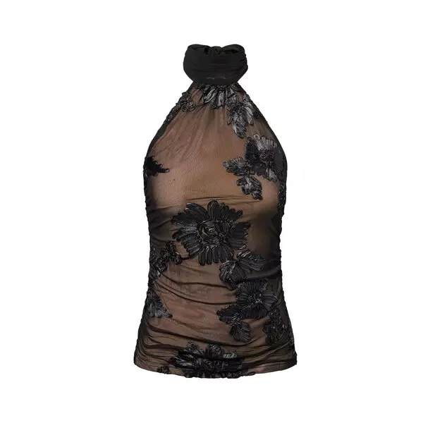 AMY LYNN Priya Floral Mesh Halter Top - Black