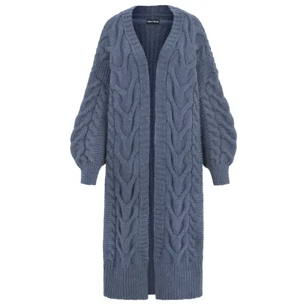 CARA & THE SKY Alex Cable Balloon Sleeve Maxi Cardigan Denim - Blue