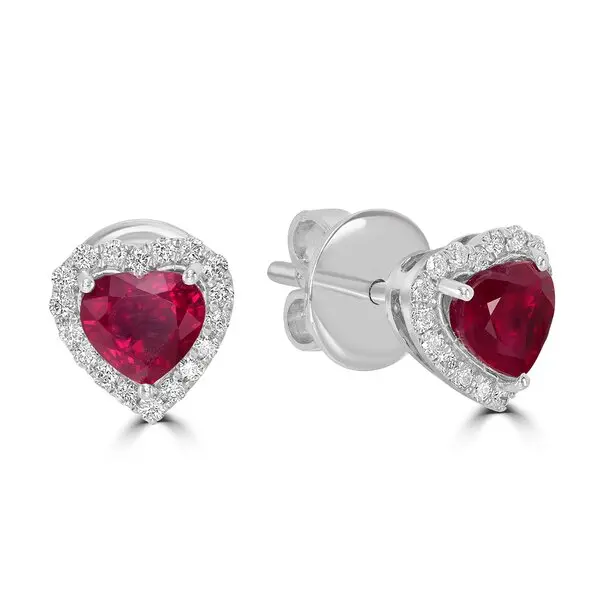 ARTISAN White / Pink Heart Shape Ruby & Diamond Halo Stud Earrings In 18k White Gold - White/pink