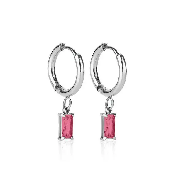 EVER JEWELLERY Pink / Silver Luxe Silver Pink Drop Huggie Earrings - Pink/silver