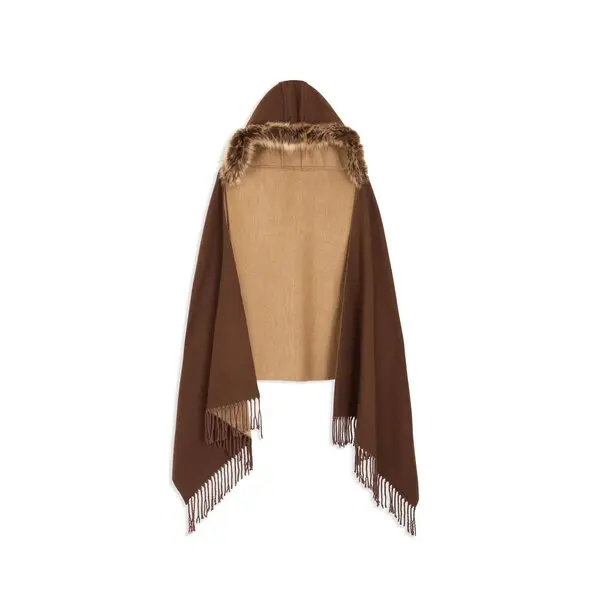 Saachi Fringe Fur Hood Scarf - Brown