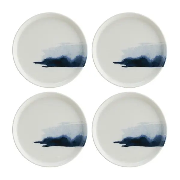 Turgla Home Blue / White Blue Wave Round Decorated Porcelain Plate Set Of Four - Blue/white