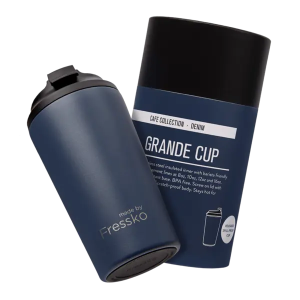 Fressko Grande 16oz / 475ml Reusable Coffee Cup, Stainless Steel Denim - Blue