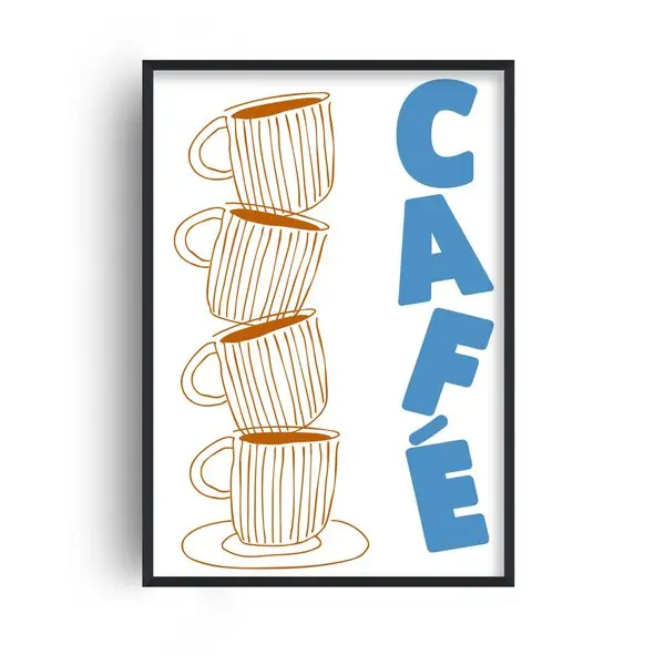 FANCLUB Blue / Brown Retro Cafe Coffee Kitchen Art Print A2 - Blue/brown