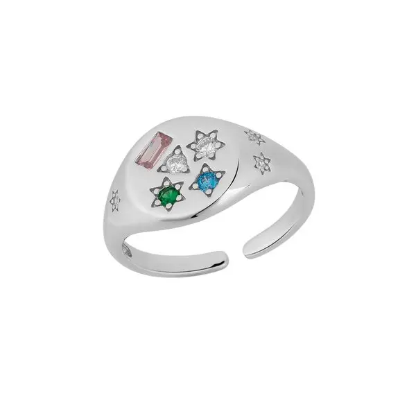 SPERO LONDON Kaleidoscope Gemstone Multicolour Round Sterling Adjustable Signet Ring - Silver
