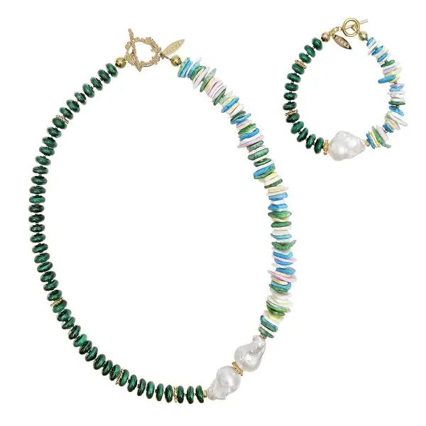 FARRA Malachite With Colorful Shell Baroque Pearl Necklace And Bracelet Set