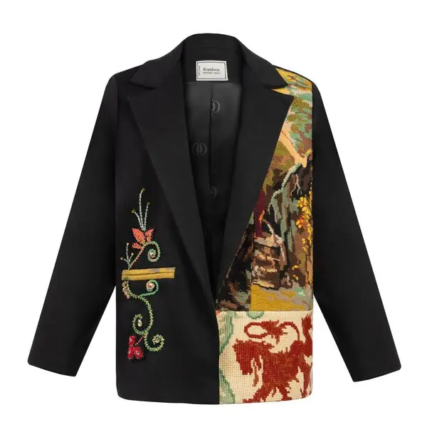 RONDOOZ Narrative Panel Gobelin Hand Painted Crepe Gobelin Blazer With Antique Tapestry