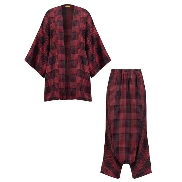 EMANMOON Plaid Cardigan And Harem Pants Set