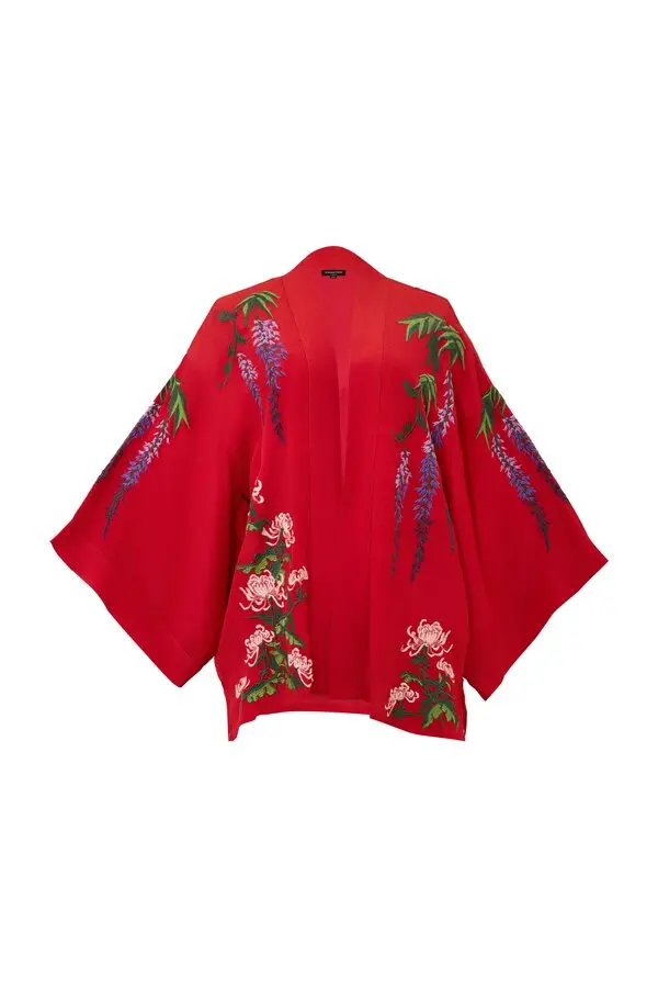 ARTEMIS MUSE Wisteria & Chrysanthemum Embroide Fully Lined Short Kimono - Red