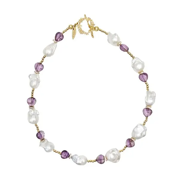 FARRA Natural Baroque Pearls With Heart Amethyst Necklace