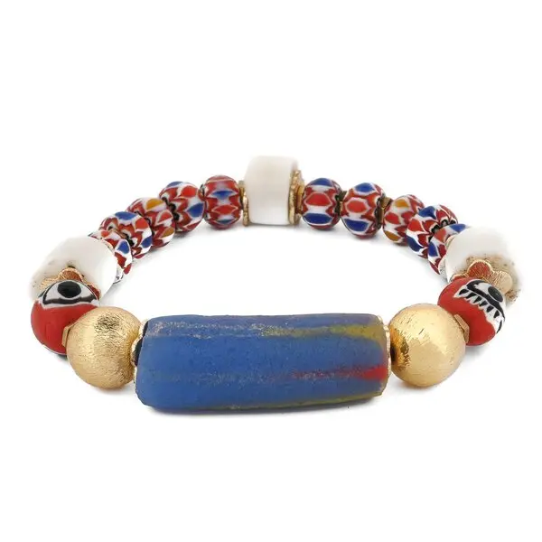EBRU JEWELRY Blue / Red Sacred African Trade Bead Evil Eye Talisman Bracelet Blue - Blue/red