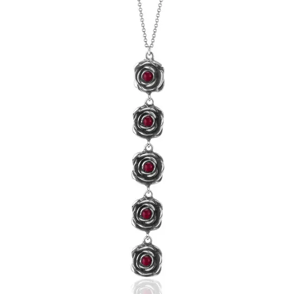 UNALOE Silver / Red Five Ruby Rose Necklace In Oxidised Sterling Silver – Handmade Italian Floral Statet Jewelry - Silver/red