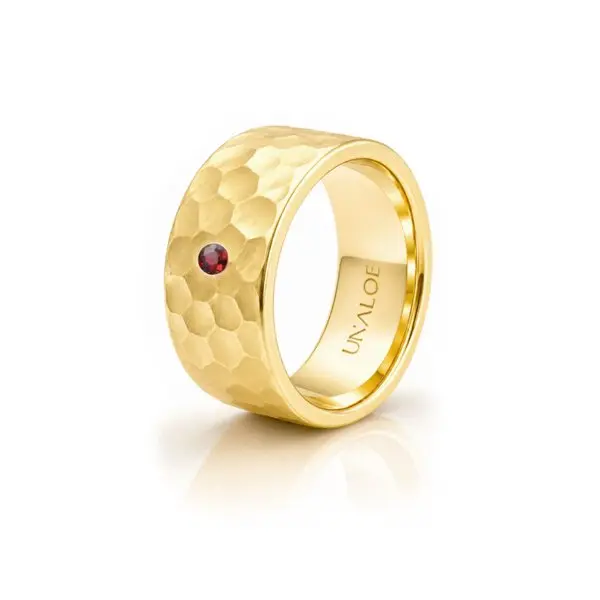UNALOE Gold / Red Hammered Gold Plated Wide Band Ring With Natural Ruby - Gold/red