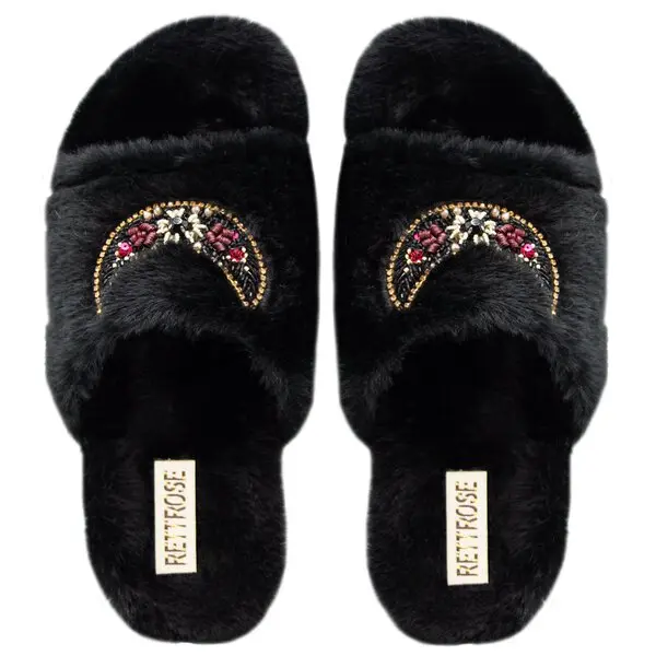 RETTROSE Paisley Luxury Plush Diamanté Embellished Handmade Slipper - Black