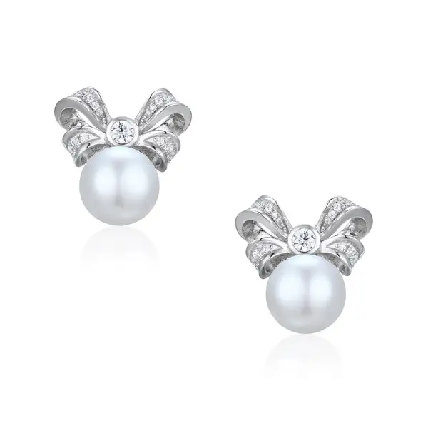 SANTINNI Viscountess Bow & Pearl Earrings With Crystals - Silver