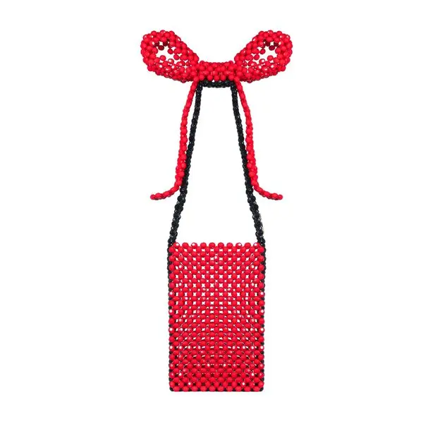 TILLIE BEADS Black / Red Red Bow Black String Hand Beaded Fancy Bag