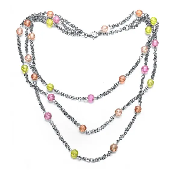 GENEVIVE Cubic Zirconia Sterling White Gold Plated Three Row Multi Color Ball Necklace - Silver