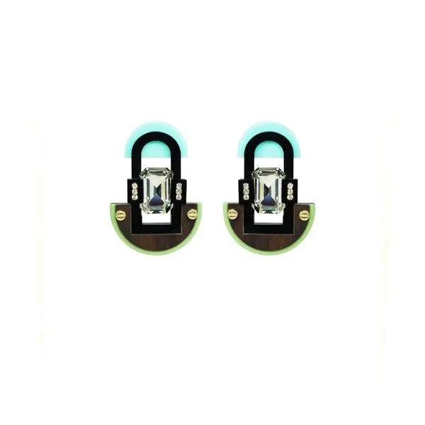 GISSA BICALHO Handmade Acrylic Earring M Deco Mirror Rectangular Stone - Green