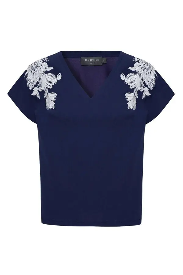 EXQUISE Regular Sleek Embellished Haven T-shirt - Blue