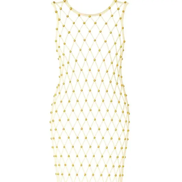 LIVE KOLIBRI Hand-woven Crochet Dress With Gold Beads Cream - White