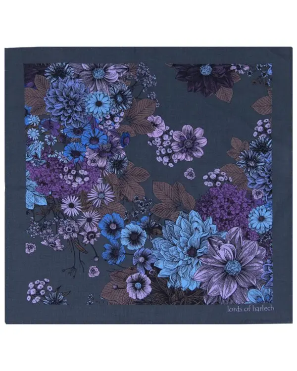 LORDS OF HARLECH Hudson Marco Floral Merino Handkerchief Pocket Square Charcoal - Black