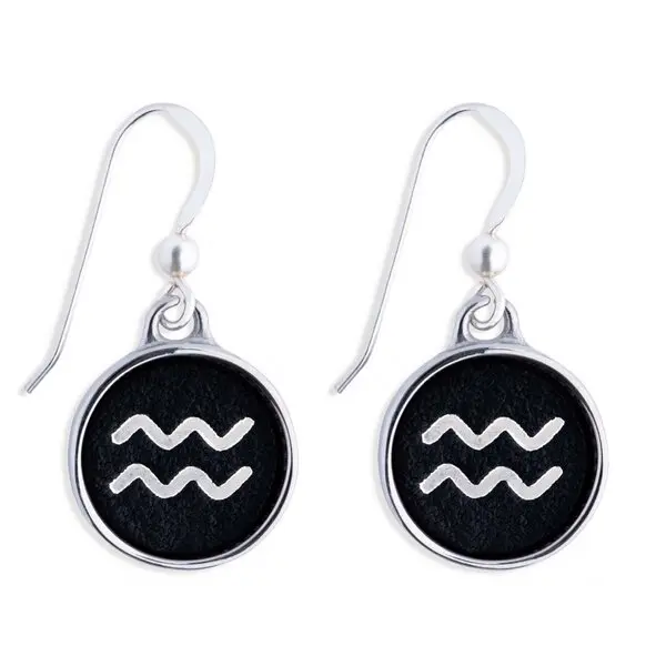 N'DAMUS LONDON Silver / Black Zodiac Aquarius Black Leather & Silver Earrings - Silver/black