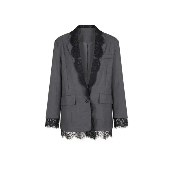 MODENAIRE Tailored Blazer With Lace Trim Lapel - Black