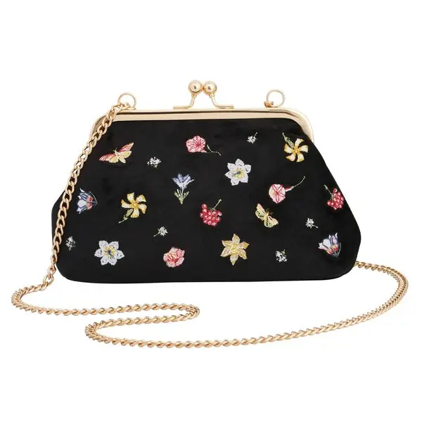 FABLE ENGLAND Floral Ditsy Embroidered Velvet Clutch Bag
