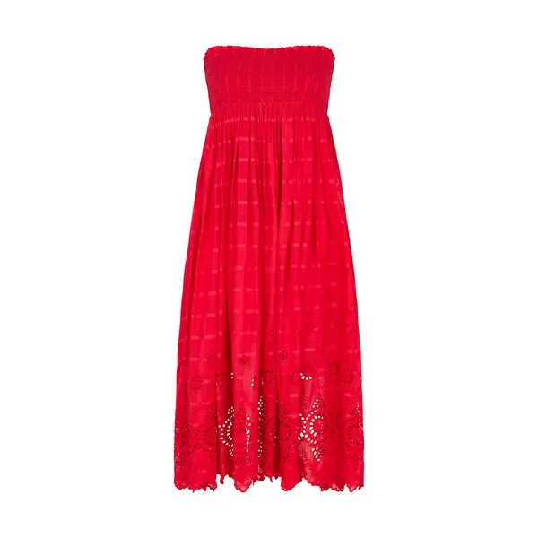 RAFFYA Mirella Smocked Waist Embroide Midi Skirt - Red