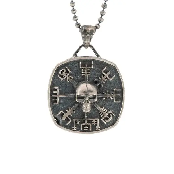 EBRU JEWELRY Norse Viking Vegvisir Protection Symbols & Skull Pendant Sterling Necklace - Silver