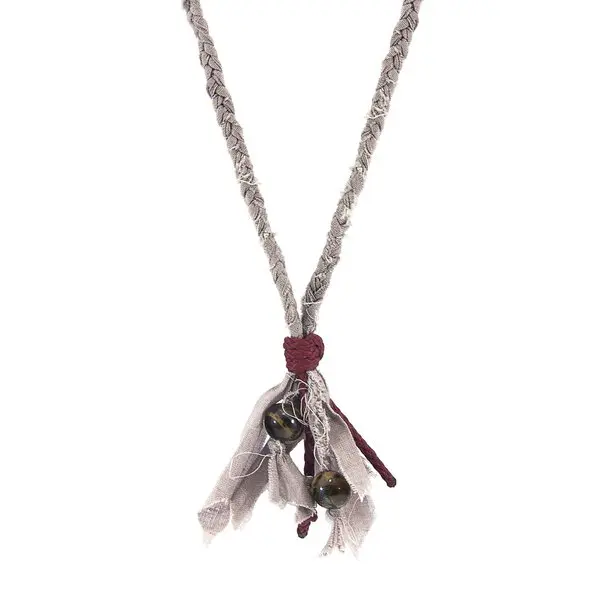 ANCHOR & CREW Tigers Eye Marcus Silver, Stone & Braided Cotton Voile Skinny Necklace X Wrap Bracelet - Brown