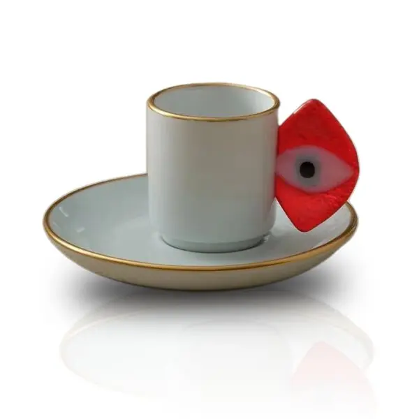 MARLETH White / Red Porcelain Espresso Cup With Red Evil Eye Detail & Gold-edged Saucer - White/red