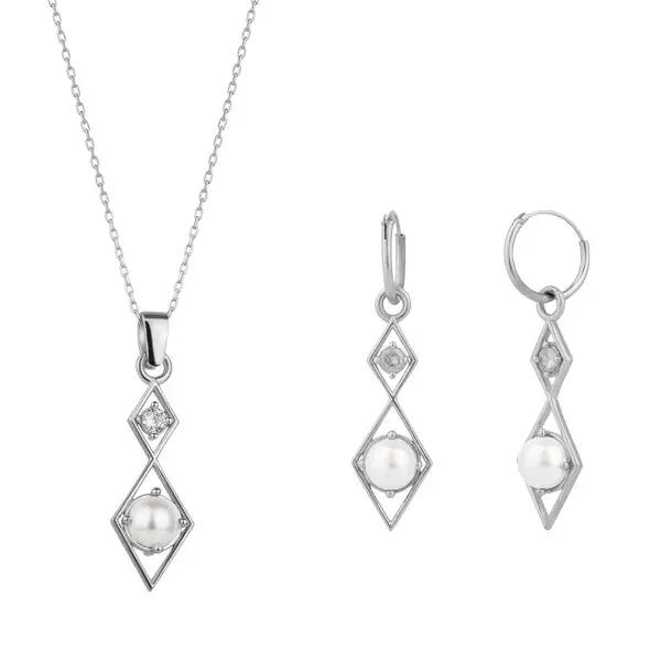 SPERO LONDON Sterling Rhombus 3d Pearl Necklace & Earring Set - Silver