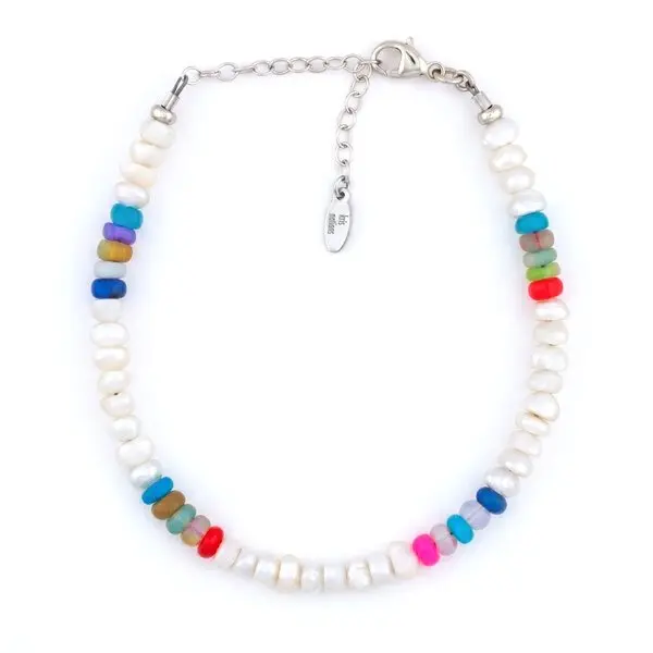 Kris Nations Button Freshwater Pearls & Multicolor African Opal Beaded Bracelet - Silver