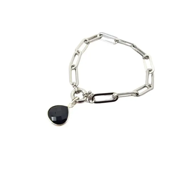 HARFI Black / Silver Shiny Black Onyx Healing Crystal Silver Bracelet - Black/silver