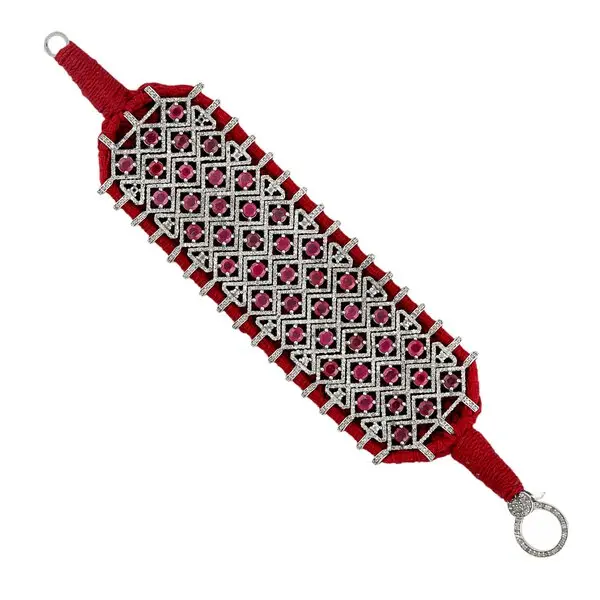 ARTISAN White / Red Ruby & Diamond Statet Bracelet In 925 Sterling Silver With Red Cord - White/red
