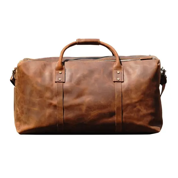 TOURI Genuine Leather Holdall Luggage Bag - Brown
