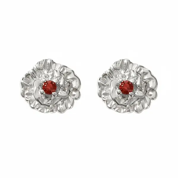HARFI Red / Silver Garnet January Birthstone Carnation Birthflower Sterling Silver Stud Earrings - Red/silver