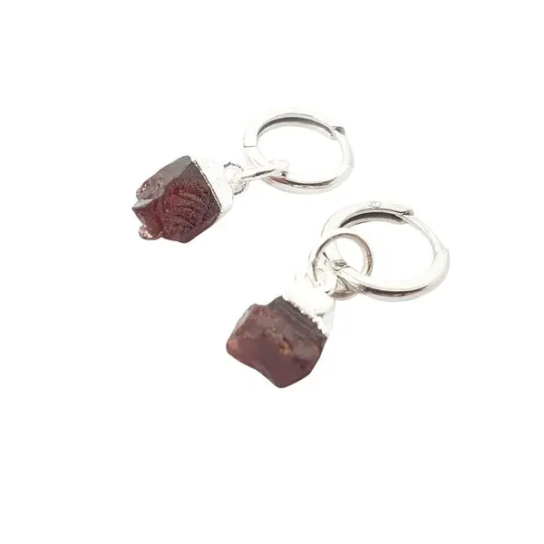 HARFI Red / Silver Raw Garnet January Birthstone Sterling Silver Huggies - Red/silver